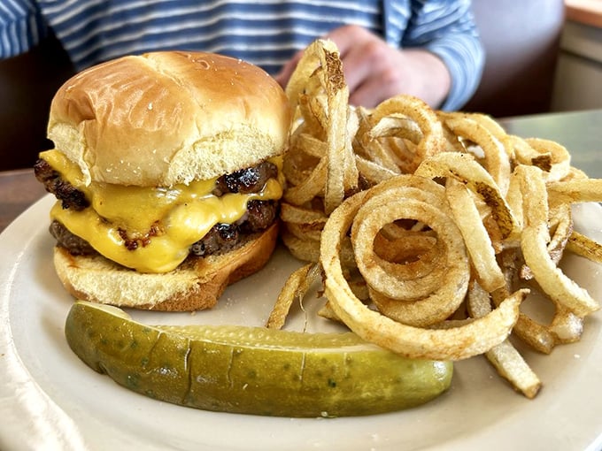 This double cheeseburger with hand-cut onion rings isn't trying to be gourmet&mdash;it's trying to be exactly what you're craving. Mission accomplished.