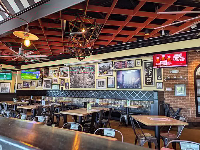 The spacious dining room welcomes you with vintage photos and comfortable seating for a proper meal experience.