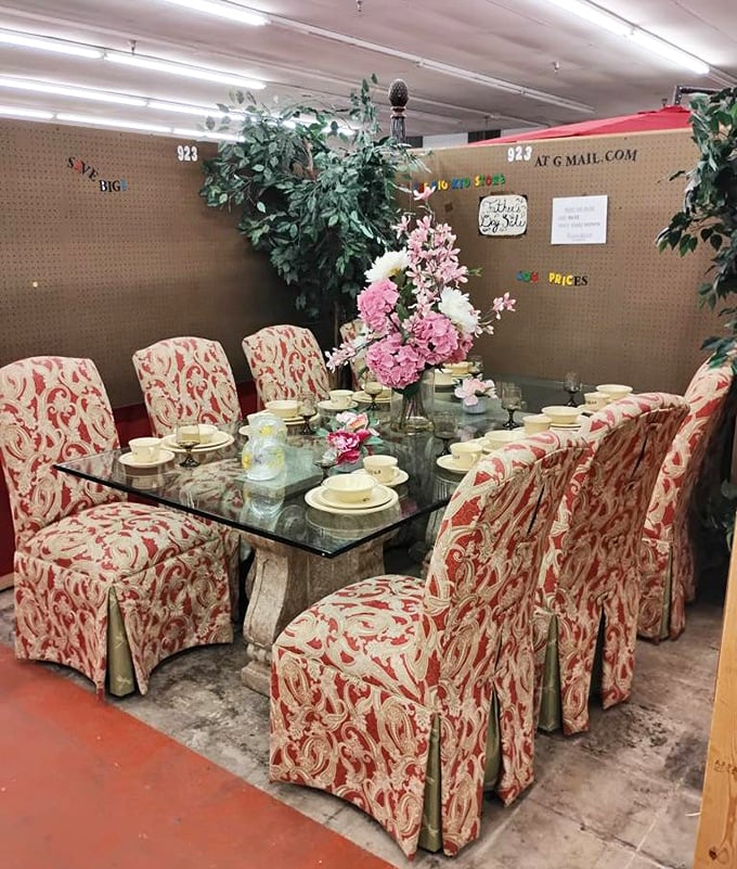 Dinner party ready! This elegant glass-topped dining set with floral-patterned chairs practically begs for guests and good conversation.
