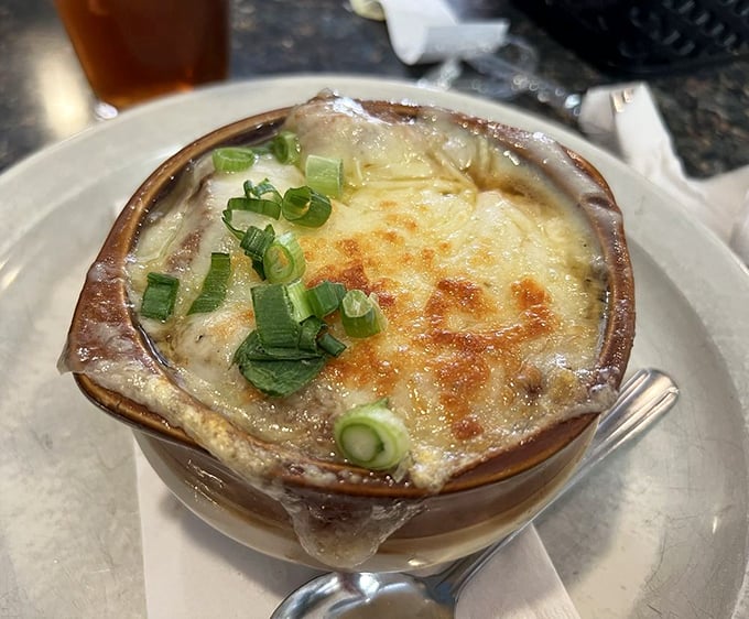 French onion soup that's worth the chin dribble. That broiled cheese cap is the edible equivalent of breaking through ice on a frozen lake.
