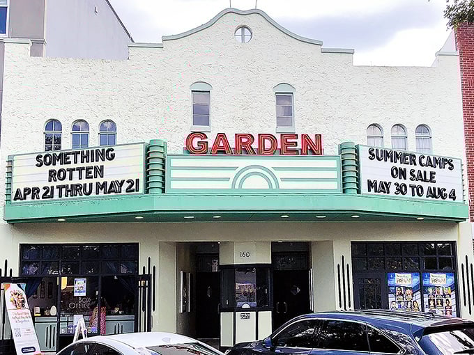 The Garden Theatre's classic marquee lights up downtown with vintage charm, promising entertainment the way it used to be &ndash; minus the sticky floors.
