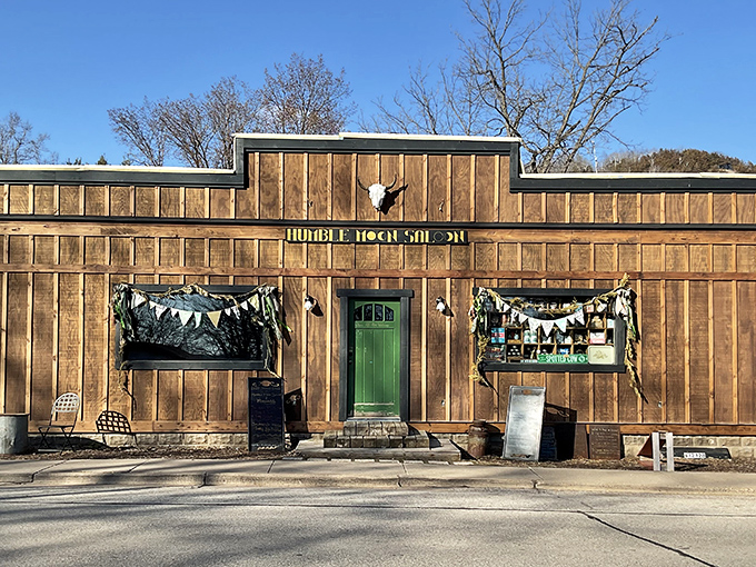 The Humble Moon Saloon's rustic wooden exterior houses spirits both liquid and spiritual. A watering hole with authentic frontier charm.