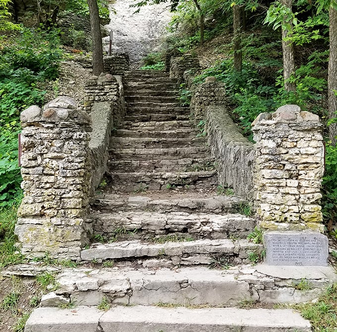 These ancient stone steps at Ice Cave Hill Park lead visitors through a portal to another time, worn smooth by centuries of curious feet.
