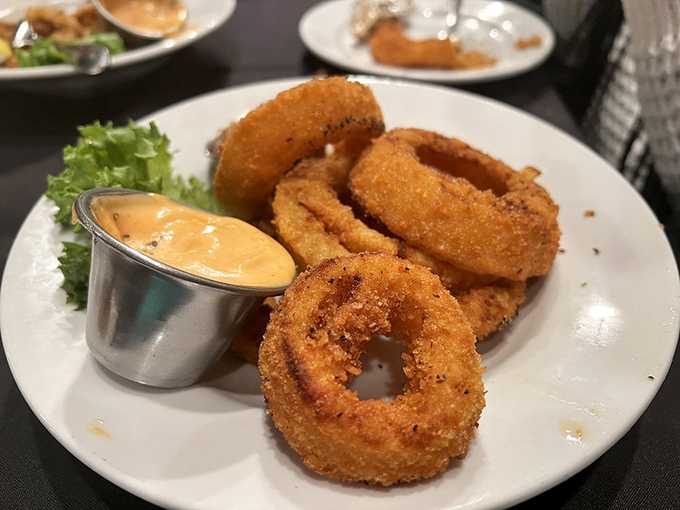 Onion rings with the perfect crunch-to-squish ratio, proving that sometimes the simplest pleasures are circular and come with dipping sauce.