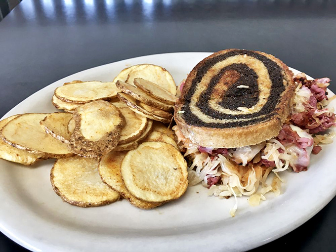 Marble rye, sauerkraut, and what appears to be house-made chips&mdash;this sandwich doesn't need fancy descriptions, just an empty stomach and appreciation.