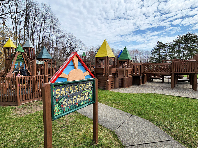 Sassafras Safari playground—where grandkids can burn energy and grandparents can preserve their retirement funds for ice cream afterward.