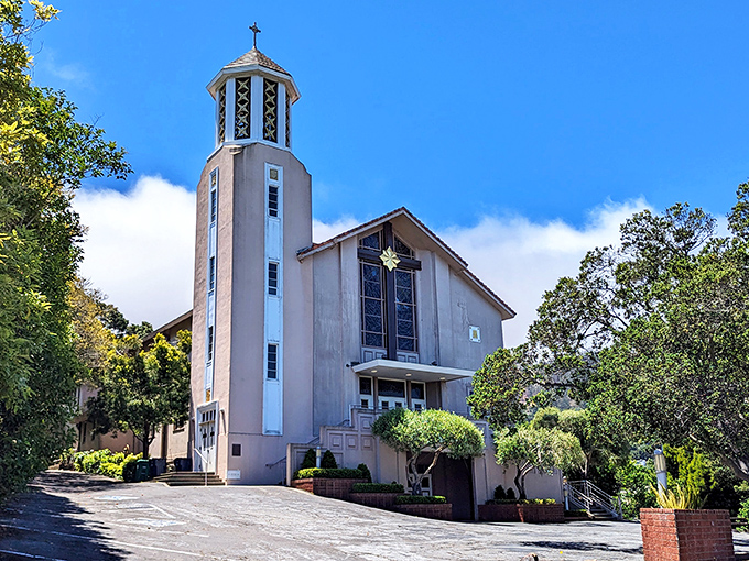 St. Mary Star of the Sea watches over Sausalito like a spiritual lighthouse, its tower reaching skyward above the hillside homes.