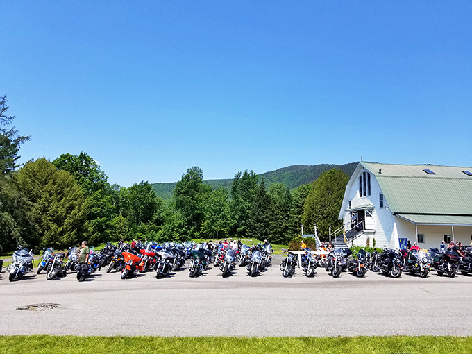 Motorcycles line up outside a local gathering spot. In Colebrook, Sunday rides are less about showing off and more about soaking in mountain vistas.