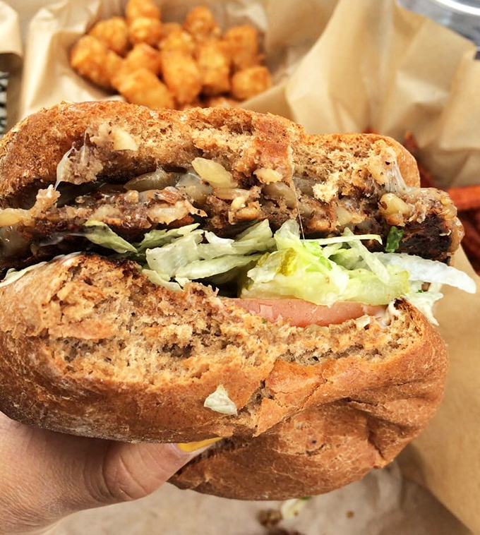 Proof that vegetarian options needn't be afterthoughts. This hearty vegi-nut burger could convert even the most dedicated carnivore.