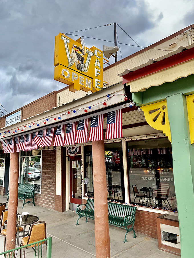The W Cafe's patriotic display reminds you that American values include both apple pie and affordable breakfast specials.