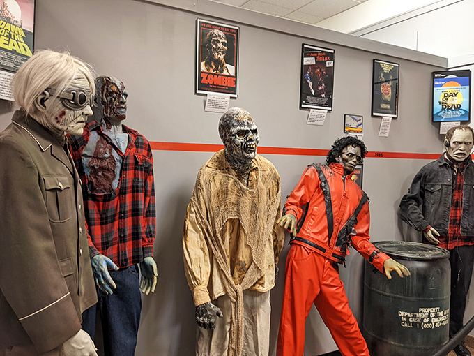 The evolution of the cinematic zombie, displayed in all its gruesome glory. From shambling corpses to fashion-forward undead, the gang's all here.