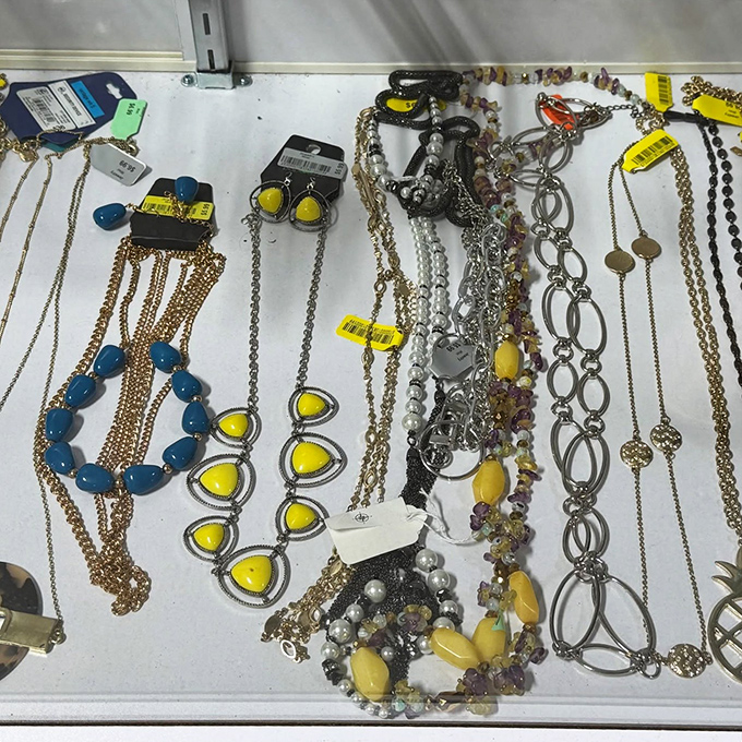 Jewelry that tells stories of previous adventures. Those yellow statement pieces are practically screaming "Wear me to your next book club!"