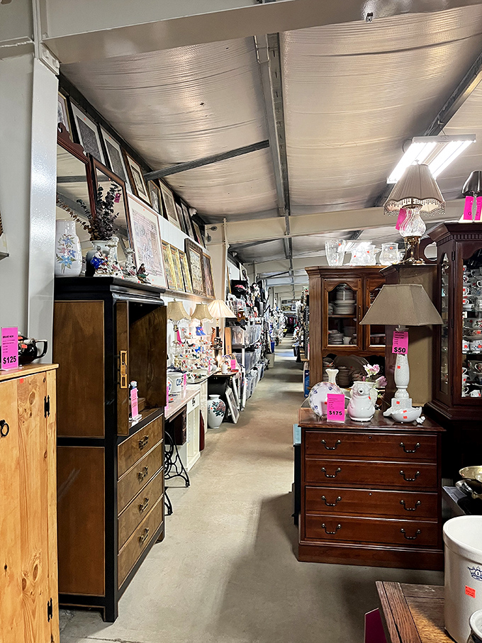 Every aisle tells a different story. This one features furniture with more character than a Tennessee Williams play, each piece with its own history.