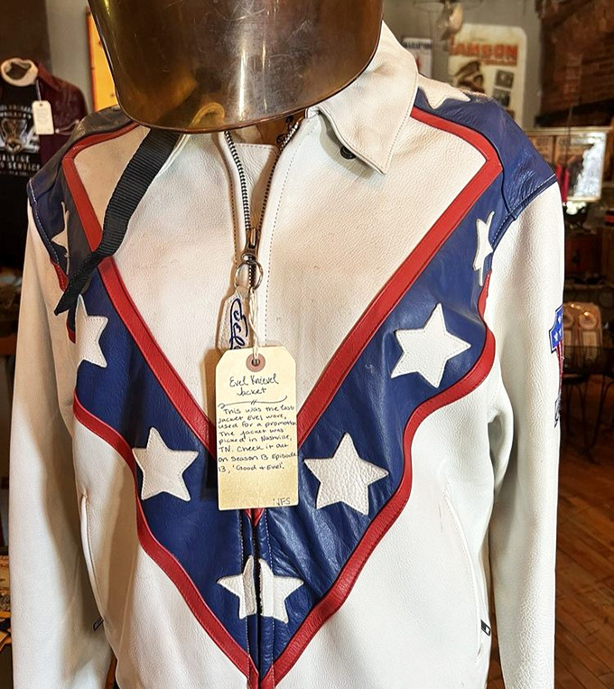 Evel Knievel's iconic jumpsuit hangs like a superhero costume &ndash; a patriotic reminder of when daredevils captured America's imagination without CGI.