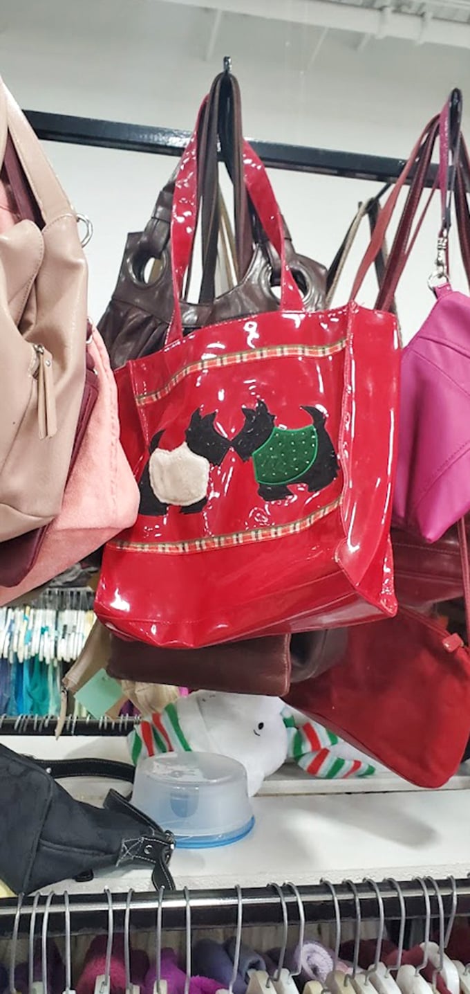 Handbag heaven! That red scottie dog tote might just be someone's statement piece waiting to happen.