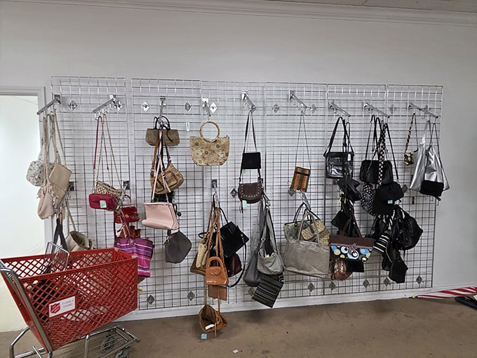 The handbag wall &ndash; where designer dreams meet practical budgets. Your next conversation piece is hanging right there.