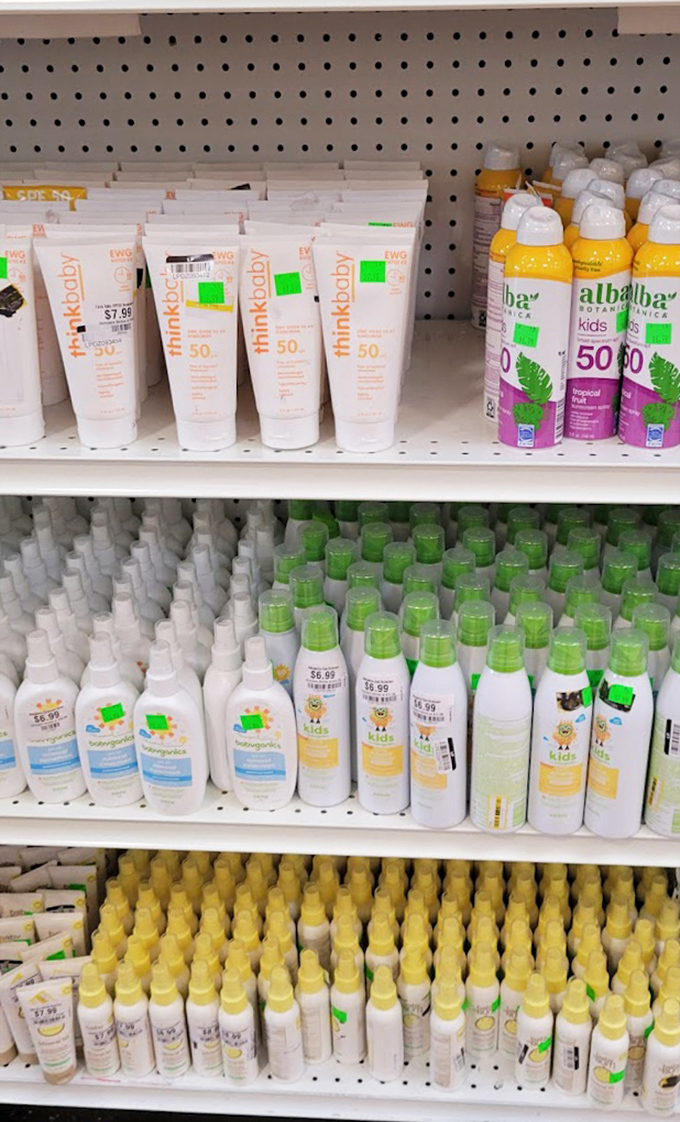 Name-brand sunscreens and body care products lined up like soldiers ready to protect your skin without declaring war on your wallet.