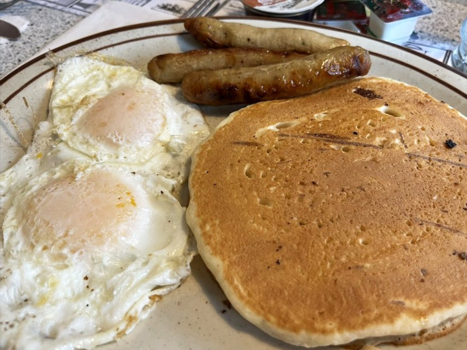 Sunny-side eggs and pancakes that could win beauty contests, if pancakes entered beauty contests. Which they should.