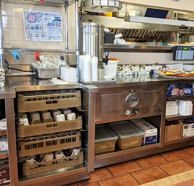 Behind-the-scenes magic where coffee mugs await their moment and condiments stand ready to elevate your meal from good to unforgettable.