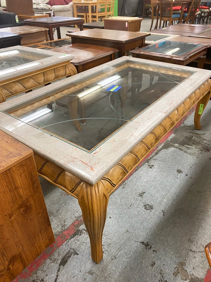 Coffee tables with glass inserts and ornate wooden bases&mdash;where your magazines and remote controls can lounge in unexpected luxury.