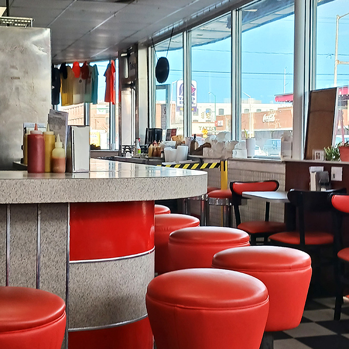 The counter seating offers front-row tickets to the soda fountain show, where milkshakes are still made the old-fashioned way.