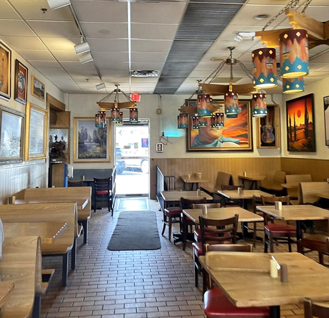 Southwestern charm meets diner practicality. Those colorful pendant lights aren't just decoration&mdash;they're spotlights for the culinary performances on your plate.