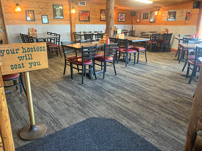 The dining area says "make yourself at home," while the sign politely reminds you that Montana hospitality comes with a side of structure.