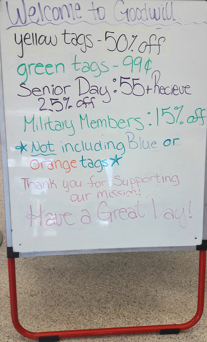 The sacred text of savings&mdash;yellow tags 50% off, green tags 99&cent;. The thrifter's equivalent of finding the Holy Grail.