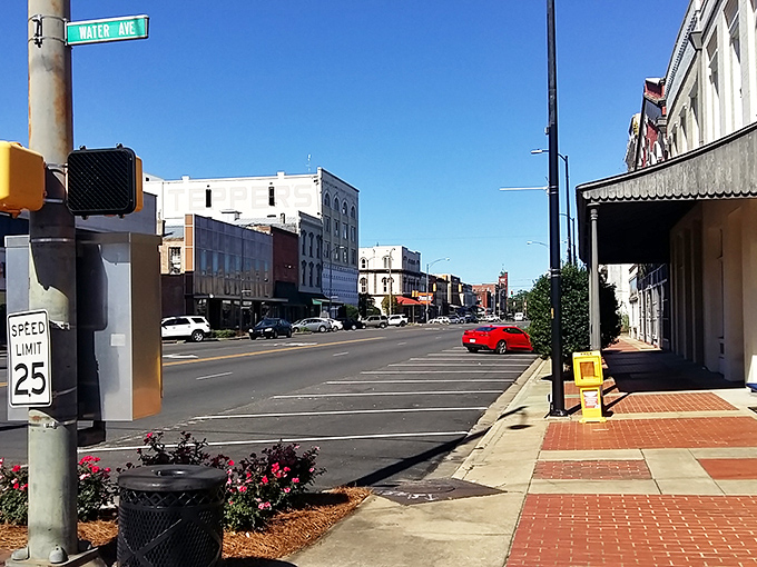 Broad sidewalks and historic buildings frame Water Avenue, where the 25 mph speed limit isn't just a suggestion&mdash;it's an invitation to slow down and notice.