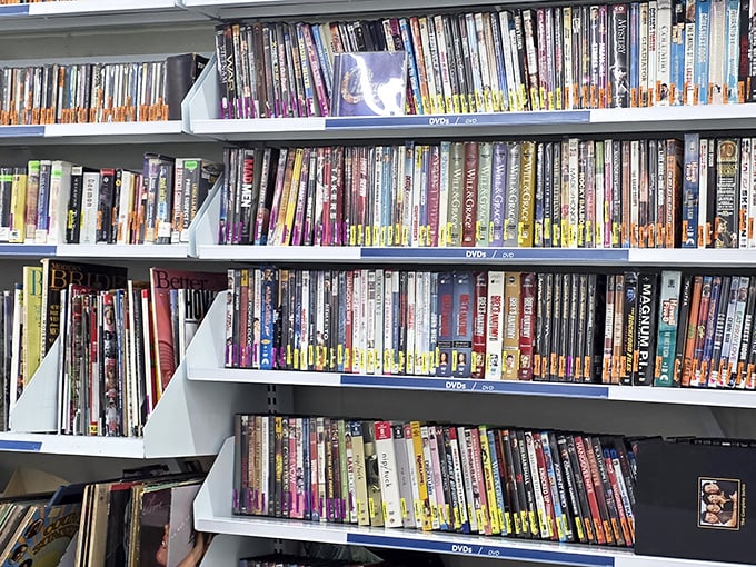 The DVD section &ndash; a time capsule of entertainment history where forgotten blockbusters and obscure documentaries share shelf space democratically.