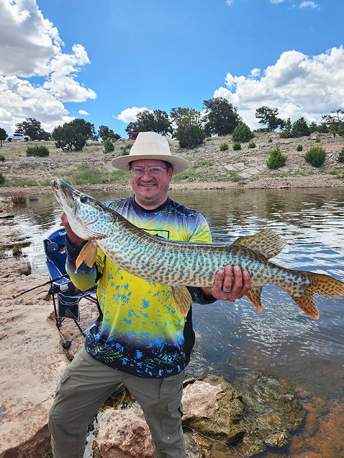 "Just a little something I caught for dinner!" Trophy tiger muskies make Bluewater Lake the place where fishing stories actually need downsizing.