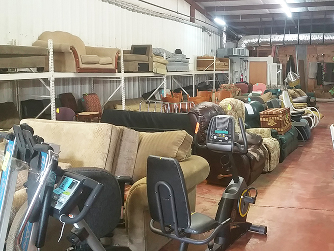 The furniture section: sofas with stories to tell, recliners that have supported countless naps, and exercise equipment with suspiciously little wear.