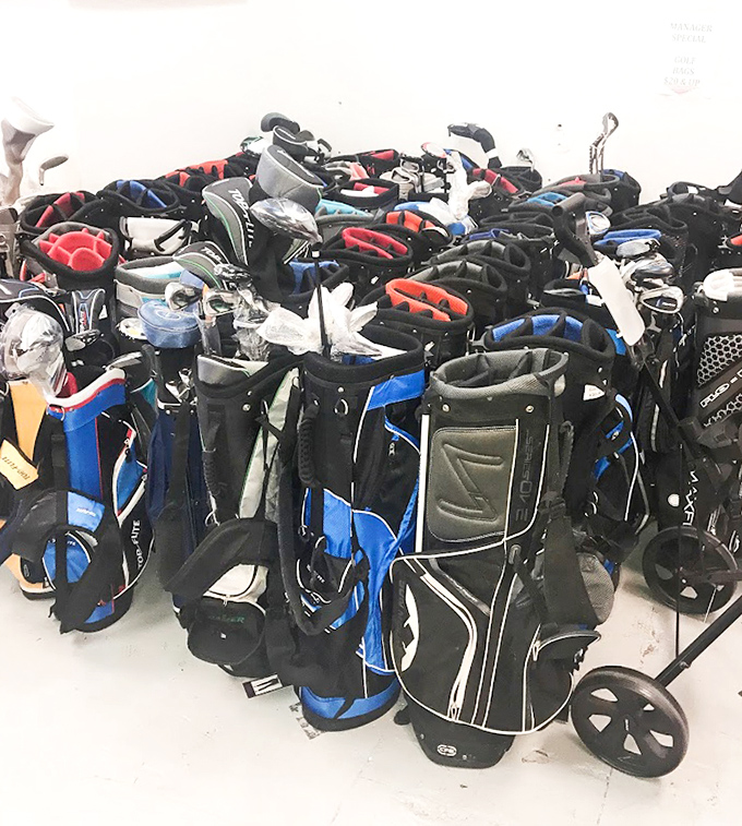Golf bags assembled like they're ready to march onto the green, bringing country club vibes at warehouse prices.