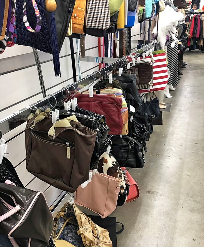 Handbag heaven hanging in plain sight&mdash;from practical totes to statement purses that whisper, "I have stories to tell."