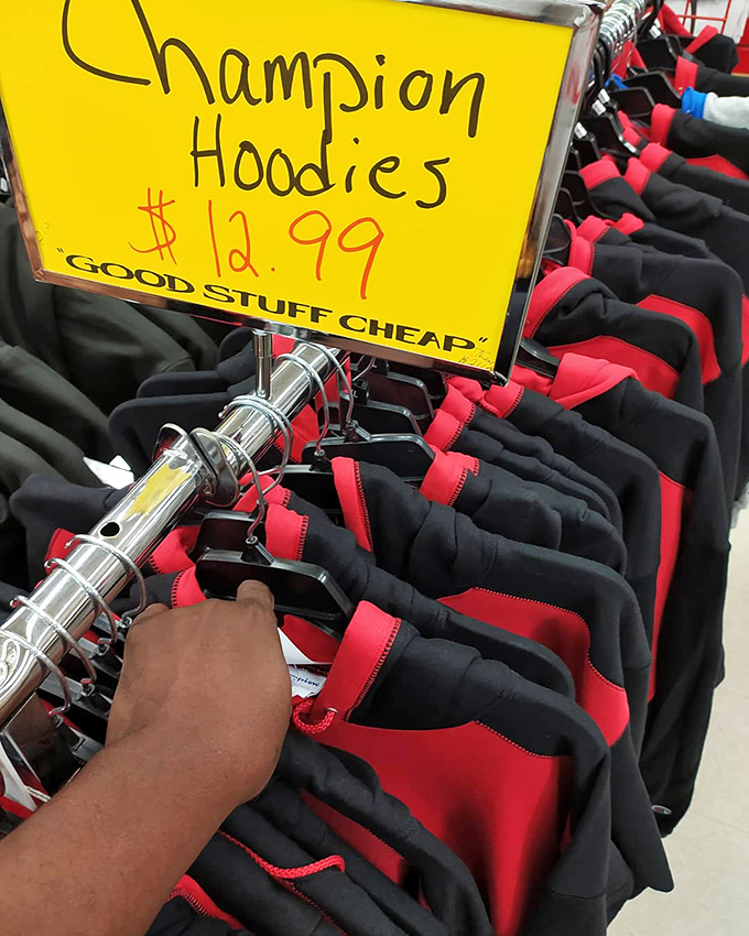 Champion hoodies at $12.99? Someone's hand reaching for what might be the deal of the century. Fashion meets frugality in perfect harmony.