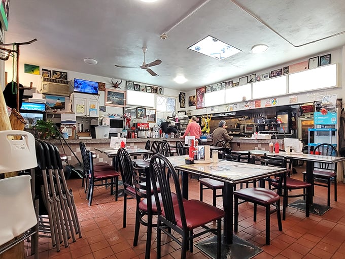 No interior decorator was harmed in the making of this diner—just decades of memories accumulating like the best kind of clutter.
