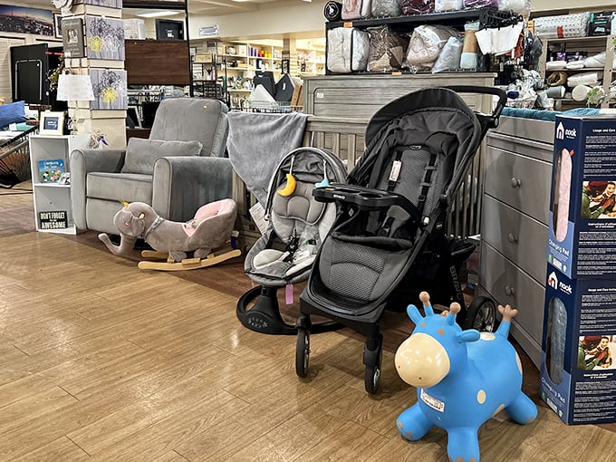 The baby gear section: proof that infants are the ultimate minimalists who somehow require maximum equipment.