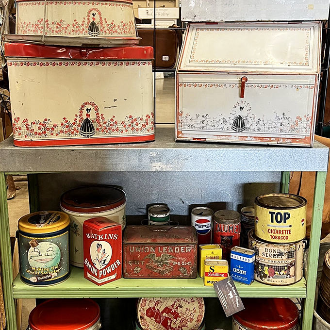 Vintage tins that once held everything from tobacco to baking powder. Each one a tiny time capsule of American advertising art.