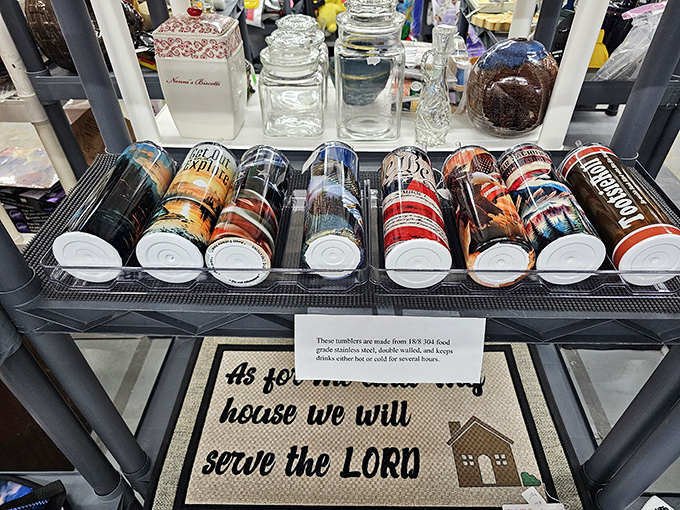 Handcrafted tumblers displayed alongside a "serve the LORD" mat&mdash;a perfect encapsulation of Iowa's blend of craftsmanship and heartland values.