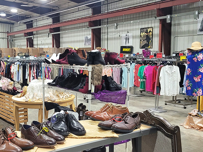 Men's dress shoes displayed with unexpected elegance. Even in the treasure hunt chaos, some items command their own spotlight.