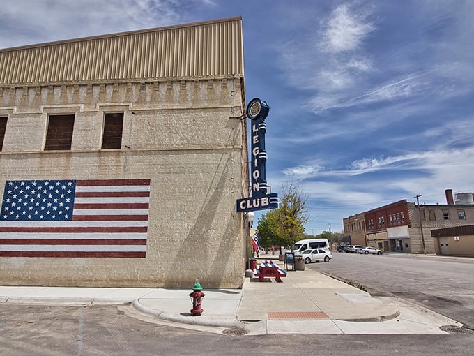 The American flag proudly adorns this classic Montana building, where small-town stories are shared over cold beers.