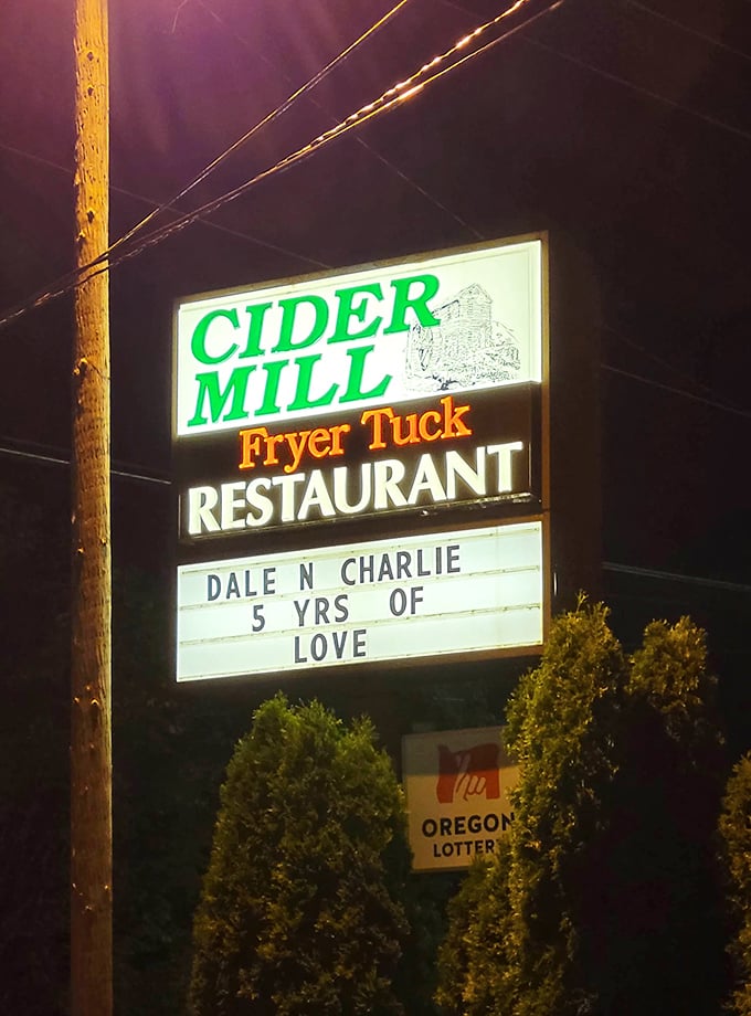 Cider Mill's vintage sign glows with promise. Those illuminated letters have been guiding hungry Oregonians for generations.