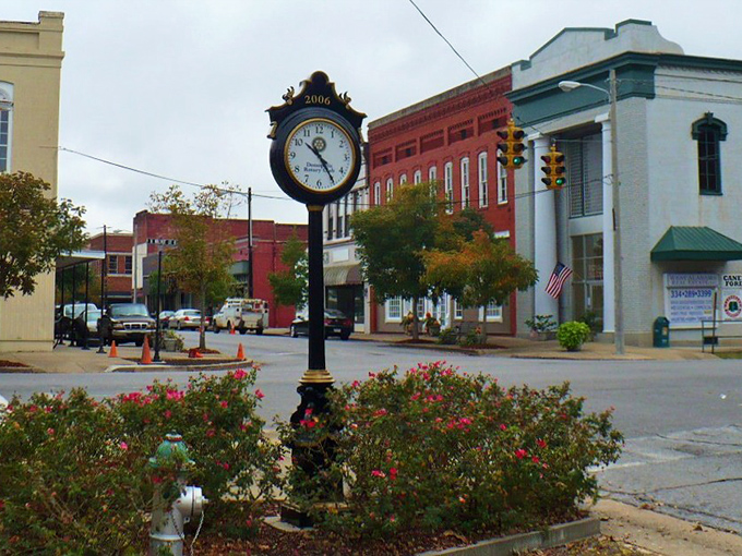 Demopolis downtown showcases its vintage clock and colorful storefronts&mdash;where time moves slower but your retirement dollars stretch further.