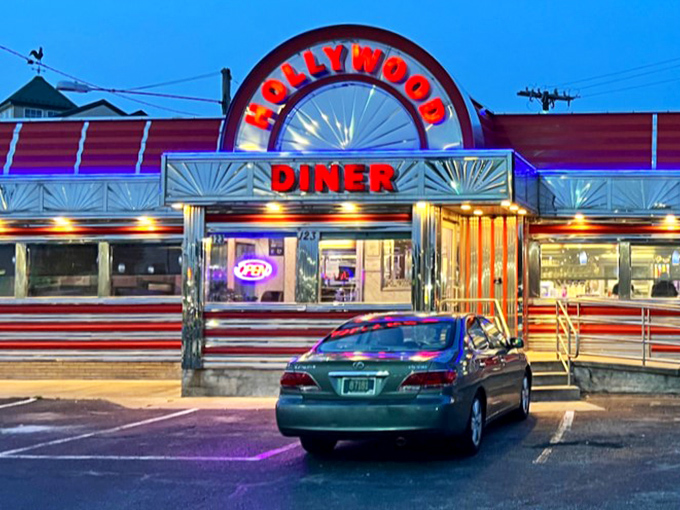 Hollywood Diner's neon glow transforms an ordinary evening into a scene from an Edward Hopper painting with better food.