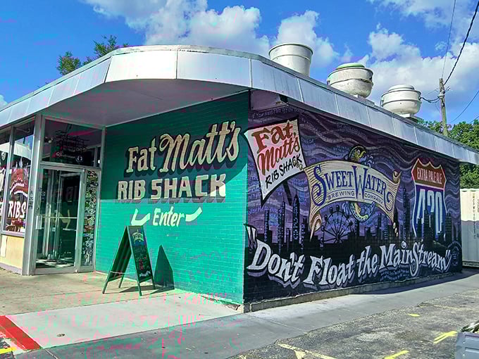 Fat Matt's vibrant green corner building catches the eye and captures the spirit. That colorful mural says "we're not just a restaurant, we're an experience!"