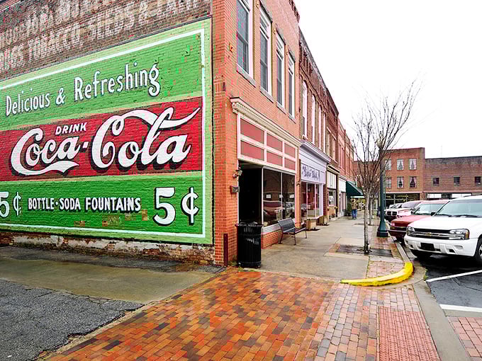 Historic Coca-Cola mural brings nostalgic charm to downtown Laurens' brick-lined streets.