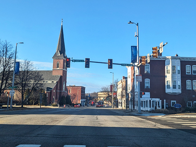 Historic buildings frame Lewiston's downtown, where college-town amenities meet small-city affordability for fixed-income residents.