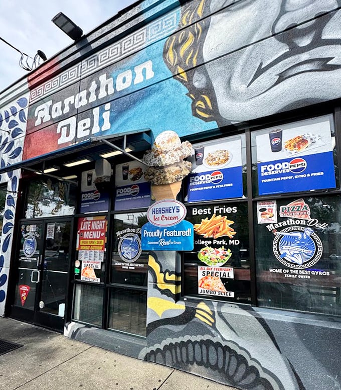 Marathon Deli's vibrant mural hints at the Greek flavors waiting inside. College students have written term papers fueled by these gyros.