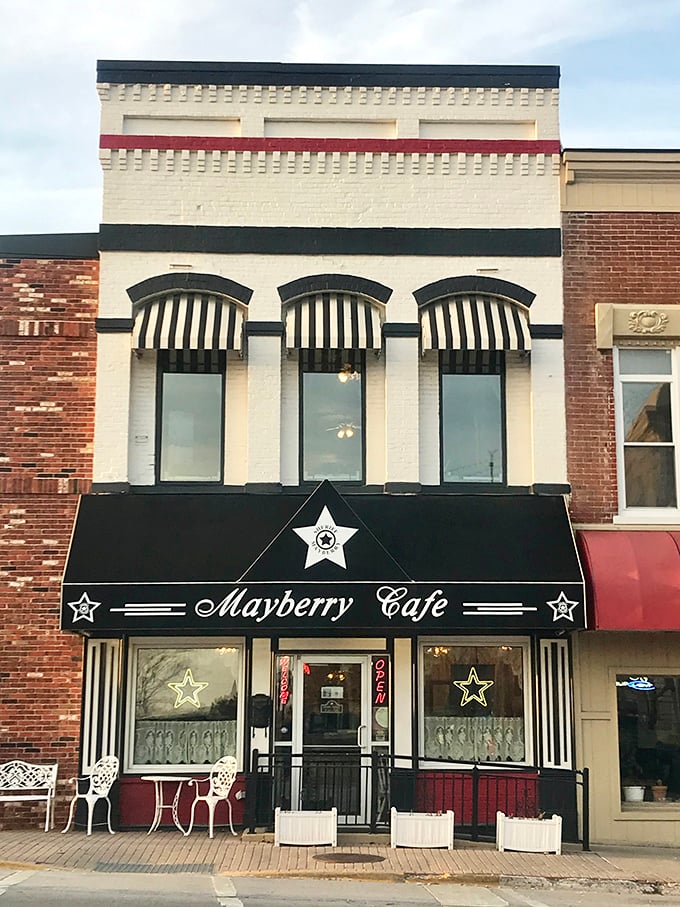 Mayberry Cafe's classic storefront with its star-studded awning brings small-town charm to downtown Danville.