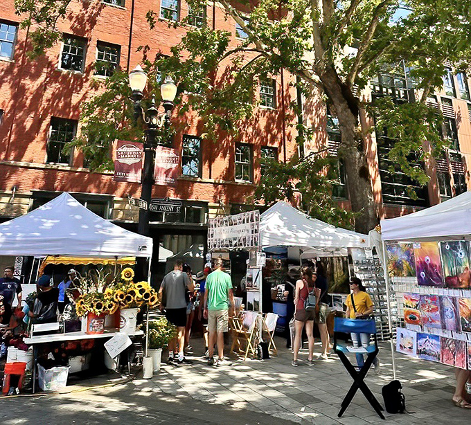 Historic brick buildings provide the perfect backdrop for Portland's famous market. Even the trees seem to be shopping!